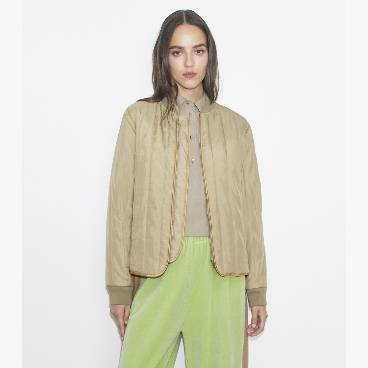 Quilted Nylon Jacket-Taupe Gray - Tory Burch