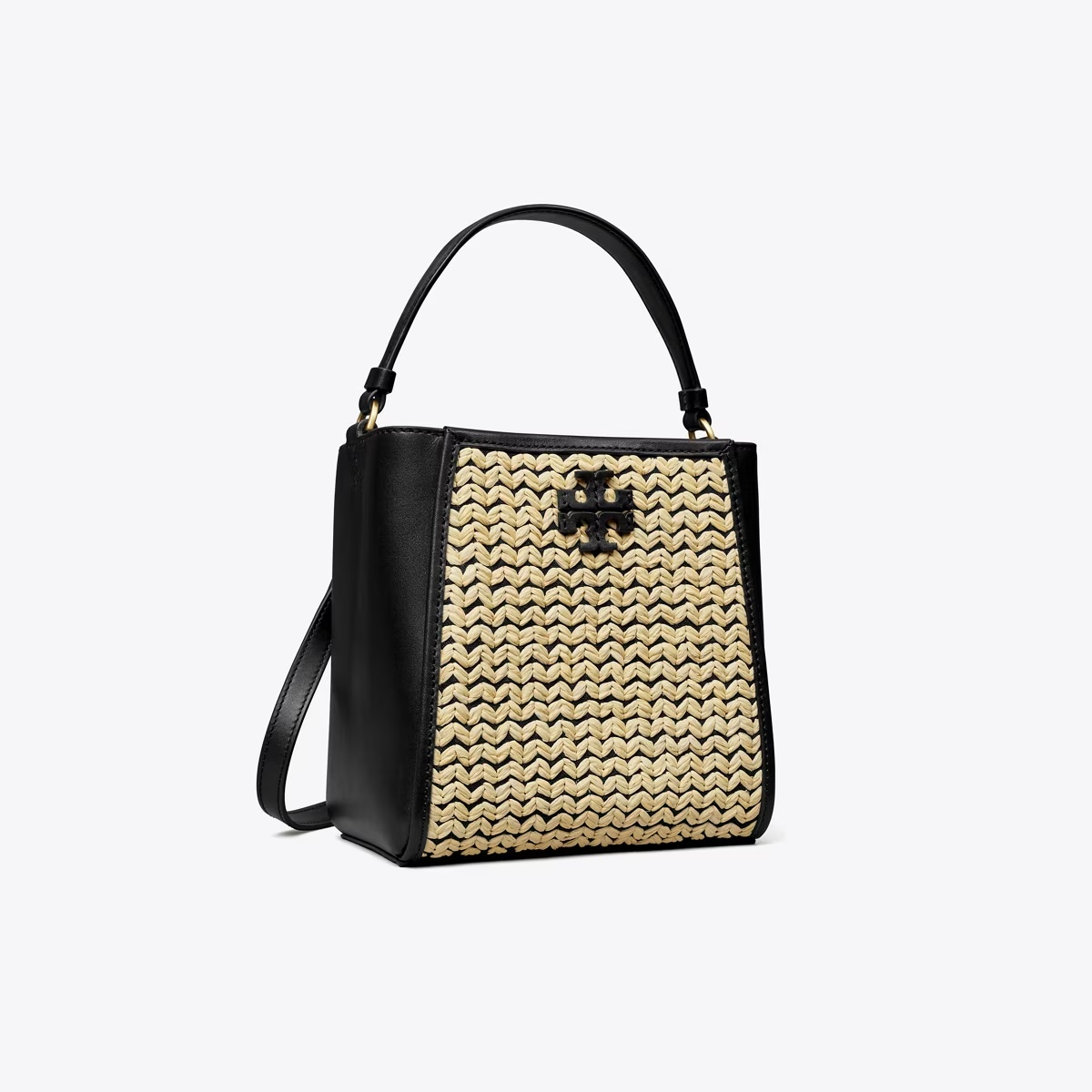 Small McGraw Raffia Bucket Bag-Black / Natural - Tory Burch