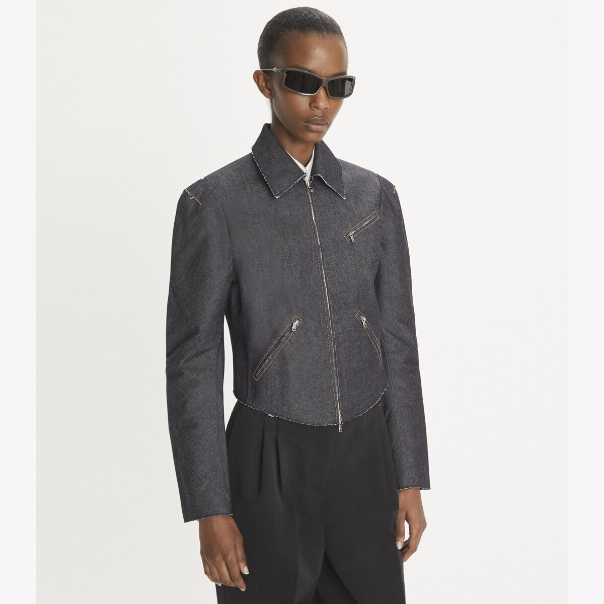 Denim Biker Jacket-Unwashed Raw Indigo - Tory Burch